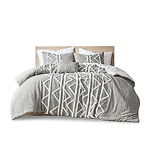 INK+IVY Hayes 100% Cotton Comforter Mid Century Modern Design Chenille Tufted All Season Bedding Set, Matching Shams, Decorative Pillow, Full/Queen, Yarn Dyed Gray 4 Piece