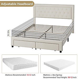 Keyluv Full Bed Frame with 2 Storage Drawers and Adjustable Headboard, High-End Fabric Platform Bed with Button Tufted, Wooden Slats No Box Spring Needed/Easy Assembly, Beige