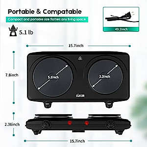 CUKOR Electric Hot Plate, 1800W Countertop Burner, Dual Electric Stove, Portabel Electric Cooktop,Portabel Double Burner for Cooking