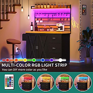 YITAHOME Bakers Rack with Power Outlet and LED Light, 53 Inch Microwave Stand with Storage Cabinet Thickened Counter, Farmhouse Coffee Bar Cabinet on Wheels Tall Shelf for Spices, Cups, Pots, Black