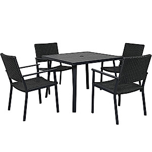 Outdoor Patio PE Wicker 5-Piece Dining Table Set with Umbrella Hole Garden