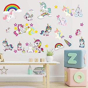 Unicorns Adhesive Wall Decals - Wall Décor Stickers for Kids & Toddlers Include Unicorns, Rainbows, Princesses & More - Reusable Wall Decor for Bedroom, Living Room, Nursery, Classroom