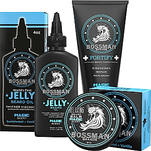 Bossman Essentials Beard Kit for Men - Beard Oil Jelly, Fortifying Conditioner Cream, Beard Balm - Grooming Growth Care Accessories (Magic)