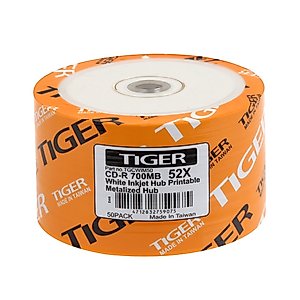 Tiger Duplication Grade 100 Packs CD-R 52X White Inkjet Hub Printable CDR Blank Media Discs with Metalized Hub in 50 Shrink Wrap