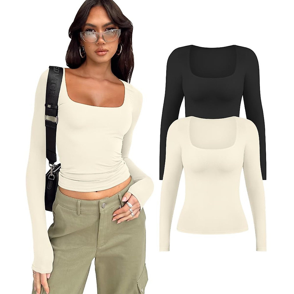 HYZ Women's Workout Square Neck Long Sleeve Y2k Slim Fit High Stretchy Basic Tunic Tops Black Beige