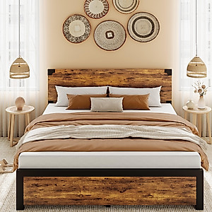 GAOMON Full Bed Frame, Platform Full Size Bed Frame with Wood Headboard, Metal Full Bed Frame with Under Bed Storage and Support Legs, Noise Free, No Box Spring Needed, Easy Assembly-Rustic Brown