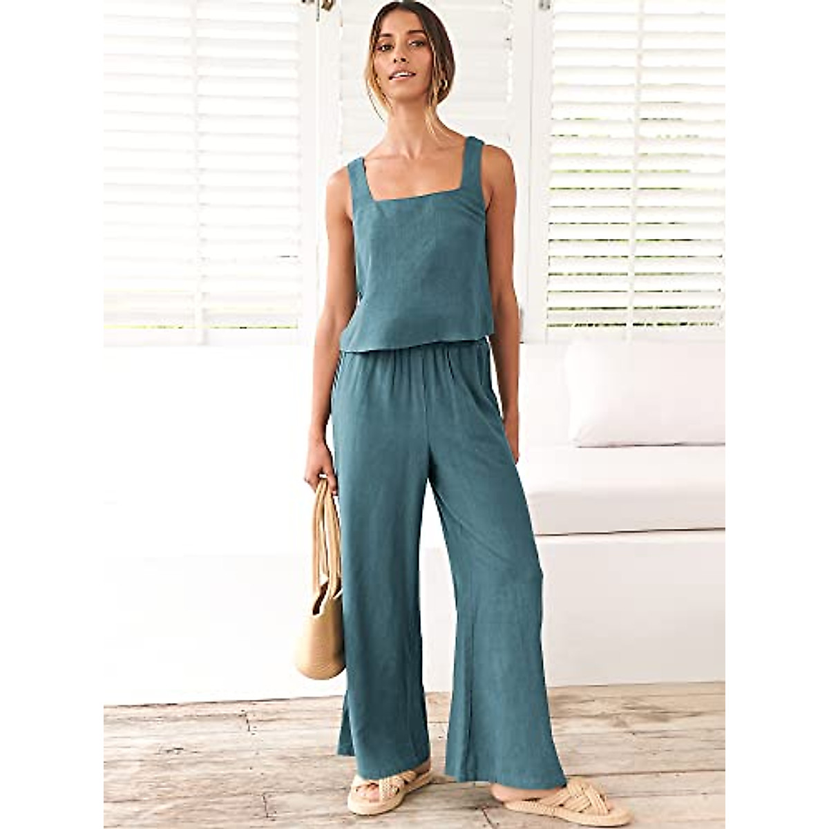 ANRABESS Women's Two Piece Outfits Summer Vacation Cruise Resort Wear 2023 Clothes Casual Linen Tank Crop Top Wide Leg Pants Matching Lounge Set Jumpsuit 732qinglan-L