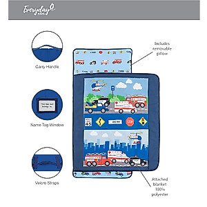 EVERYDAY KIDS Toddler Nap Mat with Removable Pillow -Fire Police Rescue- Carry Handle Fastening Straps Closure, Rollup Design, Soft Microfiber for Preschool, Daycare, Sleeping Bag -Ages 2-6 years