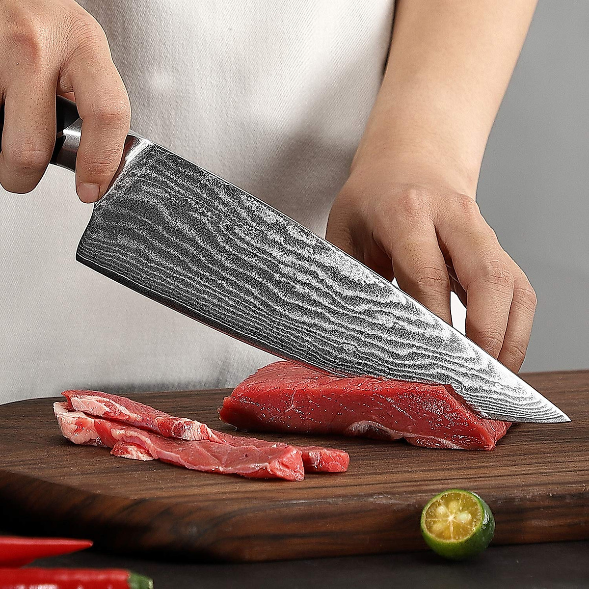 Damascus Kitchen Knife Set, 9 Pieces with Block, Non-slip Handle, Knife Sharpener and Shears, Wooden Grey