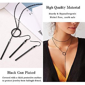 FOCALOOK Black Necklace Earrings Set for Women Long Black Lariat Chain with Drop Vertical Bar Earrings Jewelry Set