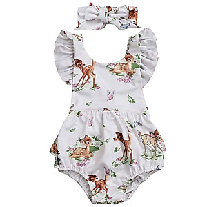 Newborn Toddler Infant Baby Girls Clothes Christmas Bambi Deer Romper+Headband Ruffle Flutter Sleeve Bodysuit Backless Sunsuit Birthday Playsuit 2pcs Outfit Set White 0-6 Months