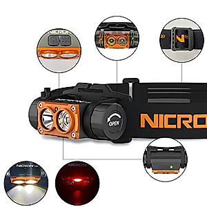 NICRON Rechargeable Headlamp, High Bright 1500 lumens 180° Rotating Aluminum LED Head Lamp with 3 Light Sources 10 Modes Waterproof Head Flashlight H25 for Camping Hunting Running Fishing Biking,Black