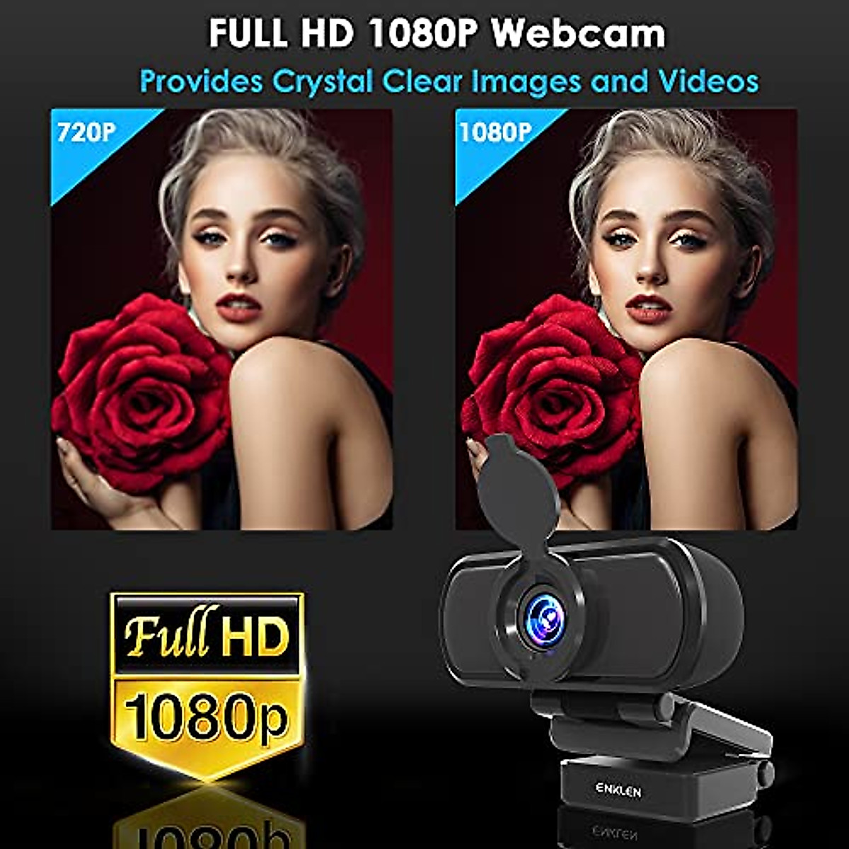 ENKLEN 1080P Webcam with Microphone, C960 Web Camera, 2 Mics Streaming Webcam with Privacy Cover, 110°View Computer Camera, Plug&Play Calls/Conference, Zoom/Skype/YouTube, Laptop/Desktop