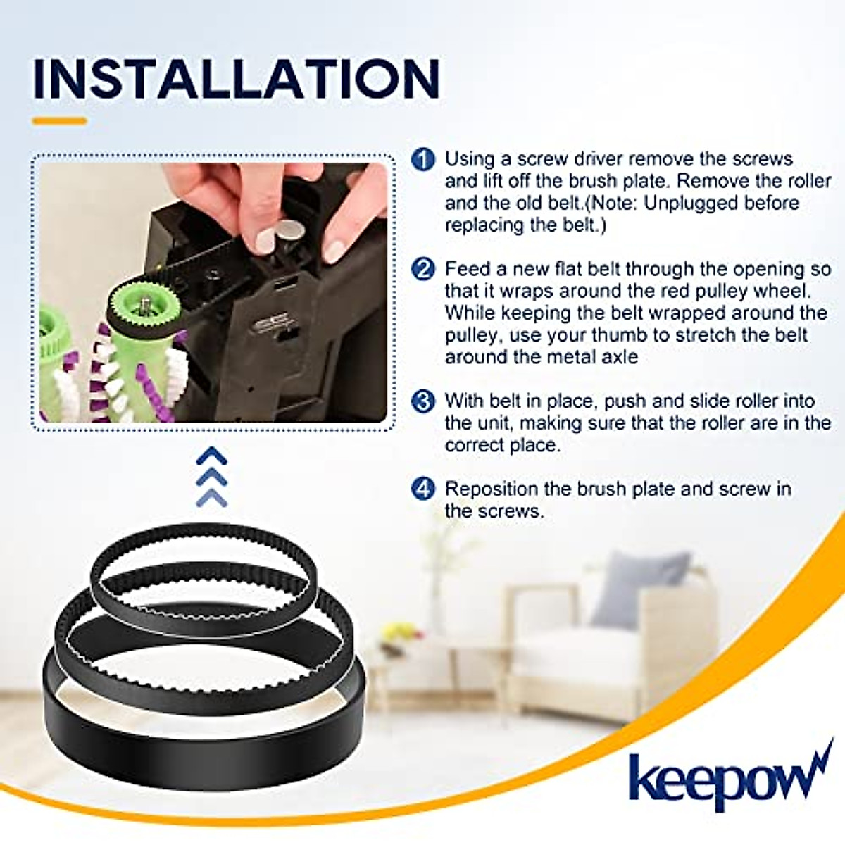 KEEPOW ProHeat 2X Revolution Belts Set Compatible with Bissell ProHeat 2X Revolution Pet Pro Cleaner 1986,1964,2007,2007P, Parts# 1606428, 1611129, 1611130