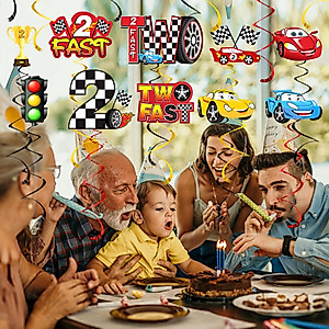 Aodocuto Race Car 2 Fast Birthday Decorations Hanging Swirls for Boys, 16Pcs Car Theme 2nd Birthday Foil Swirls Party Supplies, 2 Year Old Let's Go Racing Birthday Party Ceiling Decor