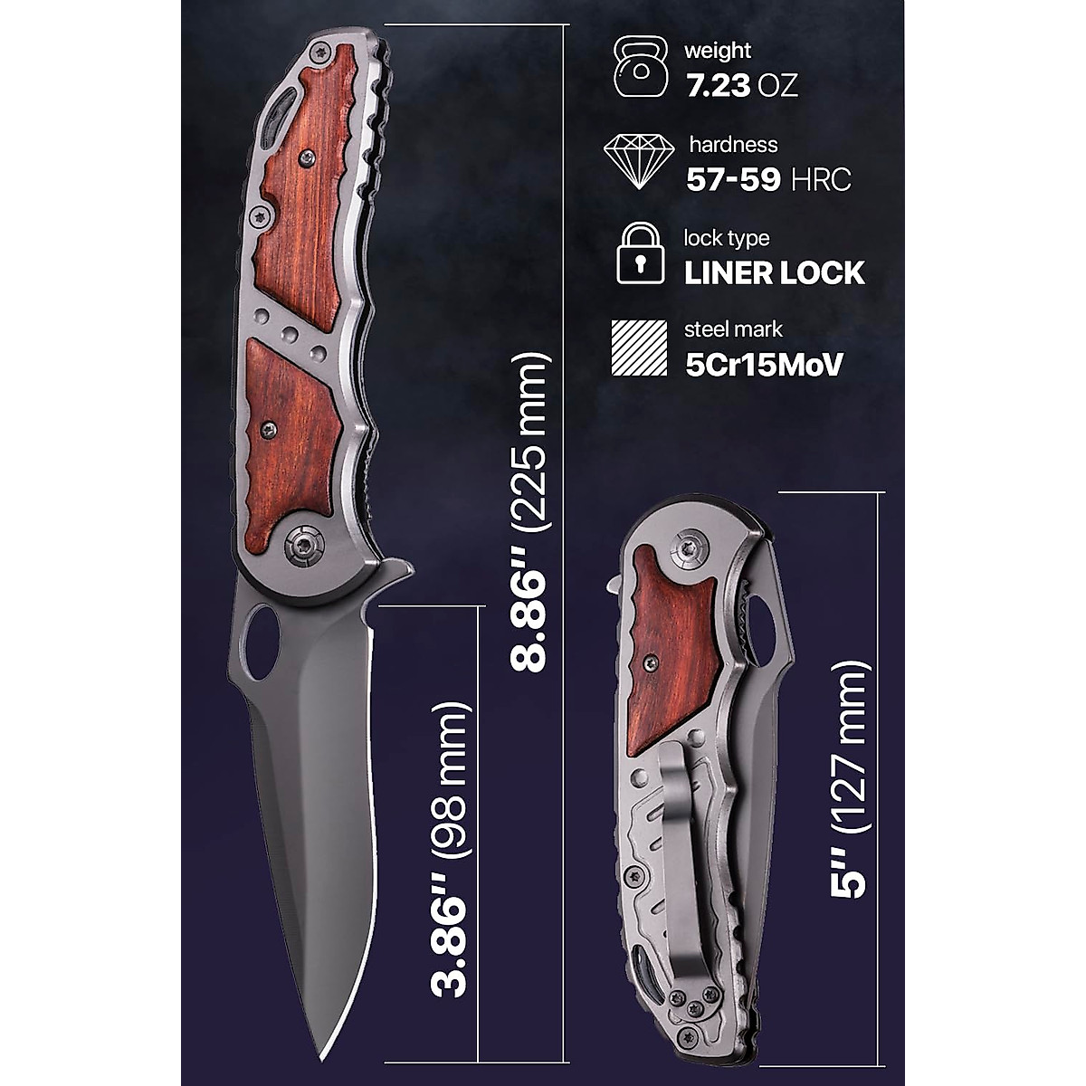 Grand Way Spring Assisted Knife - 5Cr15MoV Sharp Folding Blade - Pocket Knife with Wood Handle - Best Durable Tool for EDC Camping Survival Work - Mens Gifts Idea for Dad Husband Boyfriend 97010