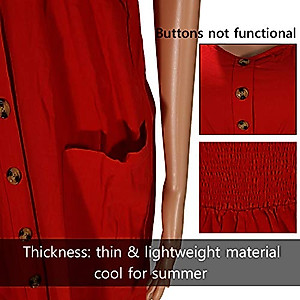Womens Summer Button Down Casual Swing Plain Solid Midi Dress Pockets Red X-Large