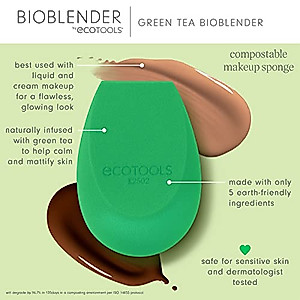 EcoTools Green Tea Bioblender, Compostable Makeup Blending Sponge, For Foundation & Base Coverage, Skin-Calming, Natural Infusion, Cruelty Free & Vegan, Packaging May Vary, 1 Count