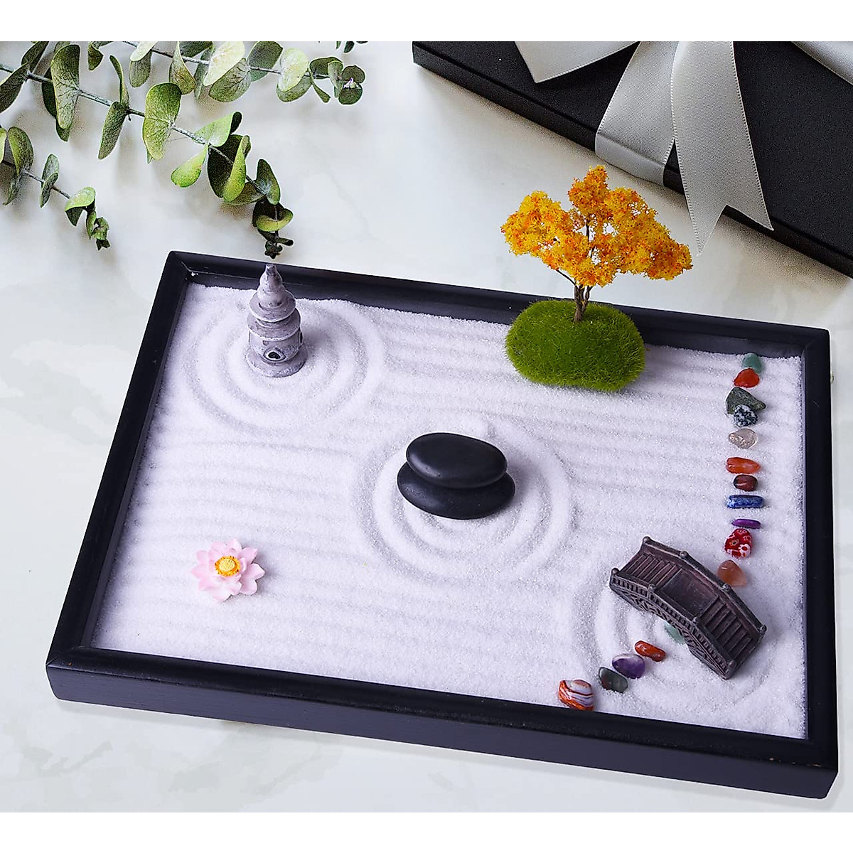 Japanese Zen Garden Kit - Mini Garden with Rock Bridge Pagoda Maple Trees Agate Stones - Meditation Gift Set for Relaxation - Home & Office Desk Decor with Rake Tools and Zen Accessories,Black