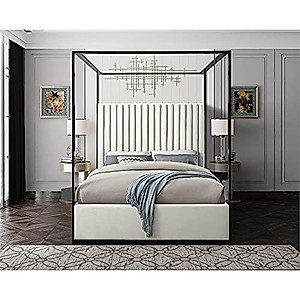 Meridian Furniture JaxCream-Q Jax Collection Modern | Contemporary Velvet Upholstered Queen Bed, Cream Velvet, Deep Channel Tufting, Matte Black Steel Canopy, 66.5" W x 86.5" D x 78.5" H, Cream, Queen