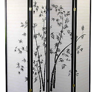 Benjara Wood and Paper 4 Panel Room Divider with Bamboo Print, White and Black