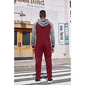 COOFANDY Mens Stylish Romper Christmas Jumpsuit One Piece Outfits Pajamas with Pockets (Wine Red/Grey S)
