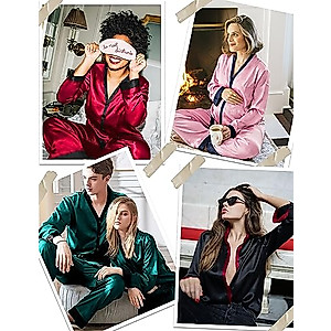 SWOMOG Women Silk Satin Pajama Set Button Down 2Pcs Sleepwear Long Sleeve Pjs Soft Black XLarge Loungewear with Pockets