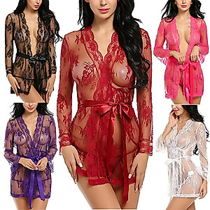 Qopobobo Sexy Lengerie for Women Naughty Women's Lace Kimono Robe Long Sleeve Lingerie Nightgown Mesh Dress with Belt
