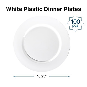 N9R 100PCS White Plastic Plates, Plastic Disposable Plates 10.25inch, Premium Heavy Duty Dinner Plates, Elegant and Fancy Party Plates