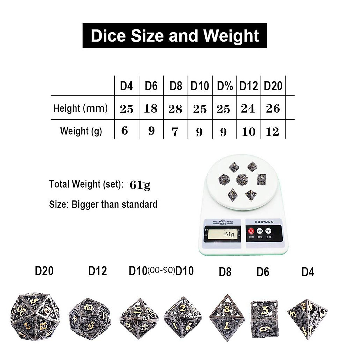 hong hui Pure Copper Hollow Metal Dice Set DND Polyhedral D&D Dragon Dice for Dungeons and Dragons Pathfinder Shadowrun Role Playing Games dice RPG Black Gold