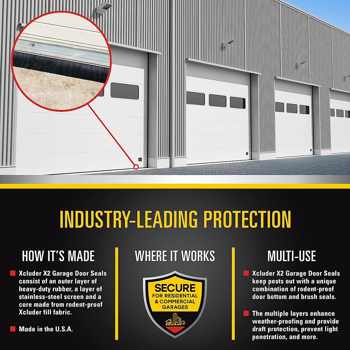 Xcluder X2 Rodent Proof Overhead Sectional Door Seal Kit, 16’4” Wide for 1.75” Thick Doors, Stops Mice, Rats and Weather, Suitable for Residential or Commercial Property Use