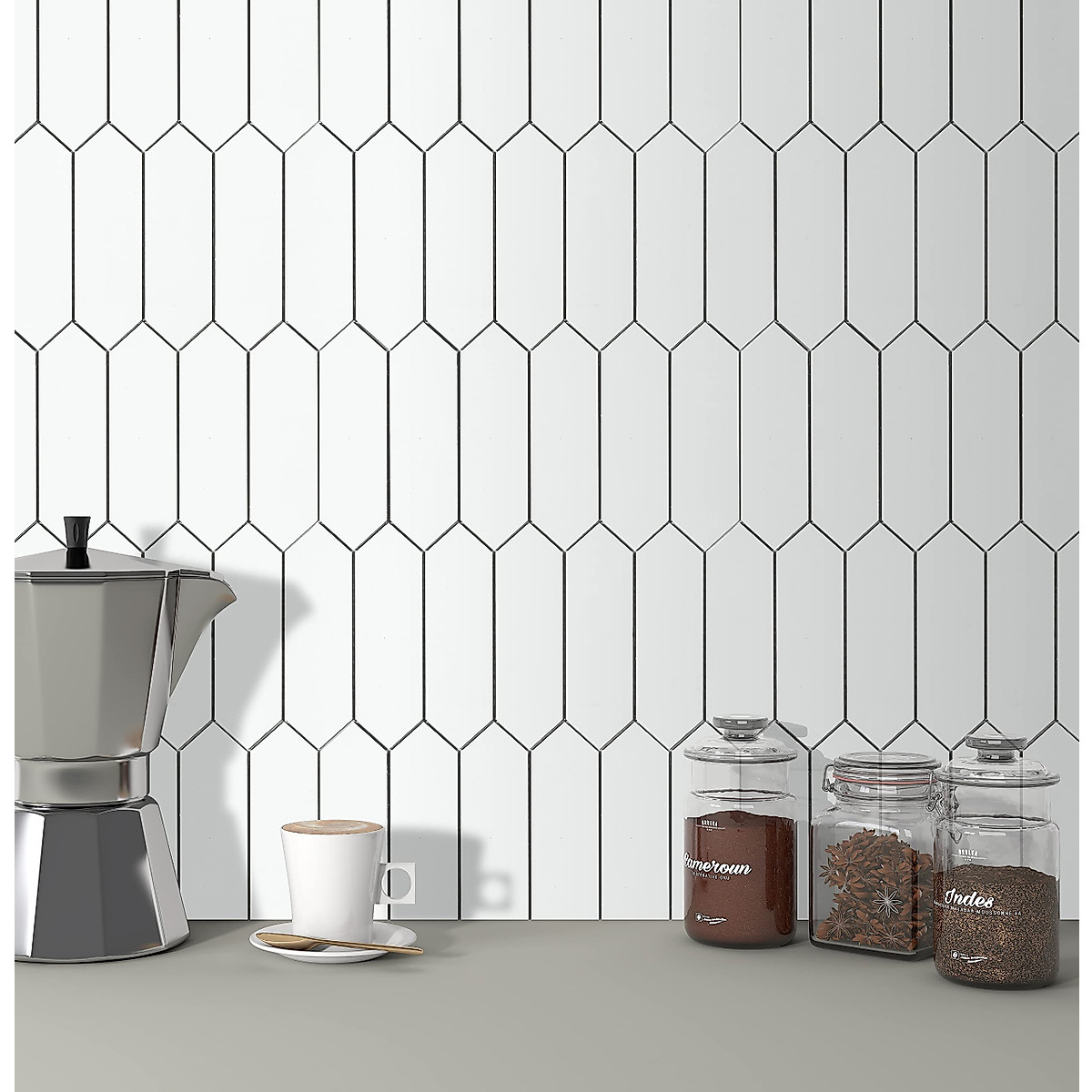SUNWINGS Backsplash for Kitchen Peel and Stick, Stone Composite Self Adhesive Tiles Long Hexagon Mosaic Wall Tile, 12 Inch x 11.22 Inch 10 Sheets White
