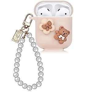 Cute AirPod Case Cartoon Lovely Bear Design with Pearl Chain Soft Protective Cover Compatible with AirPods 2 & 1 Generation for Women and Girls (Brown)