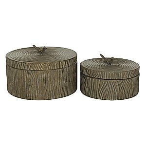 Deco 79 Metal Bird Living Room Decorative Jars Carved Decorative Container, Set of 2 Jar with Lid 7", 6"H, Bronze
