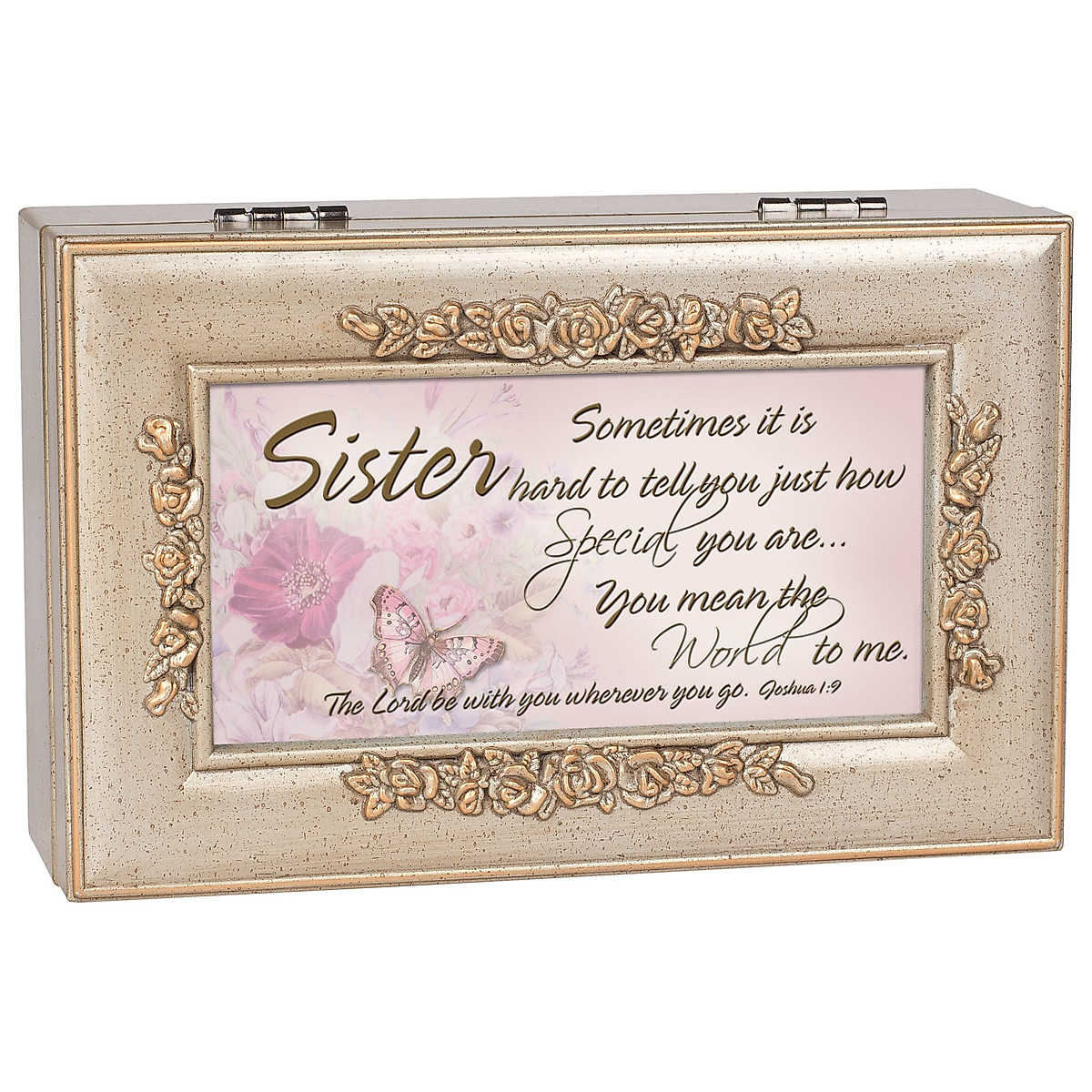 Cottage Garden Sister You Mean The World to Me Silvertone Embossed Floral Jewelry Music Box Plays Amazing Grace