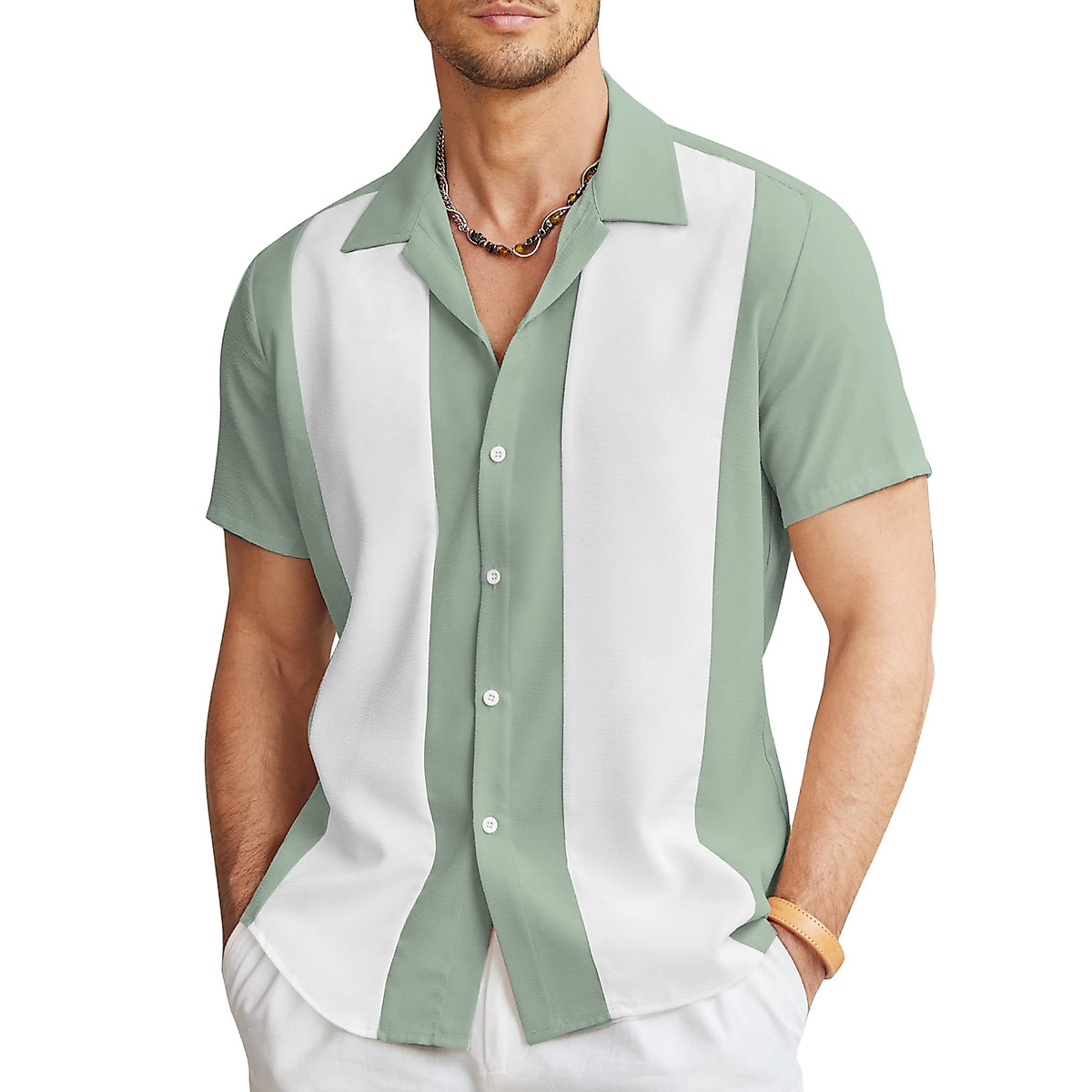 COOFANDY Vintage Mens Bowling Shirts Button Up Vacation Shirts Loose Fit Short Sleeve Shirts Green White