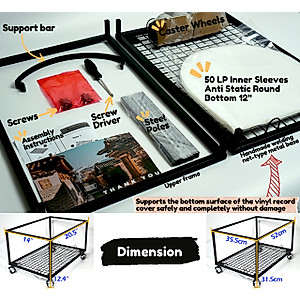 NEEDLEA Vinyl Record Holder Storage Up to 120 LP - Sturdy Metal Frame Crate Moving Box with Wheels - Stylish Display Rack Organizer for Vinyl Album in Home Office