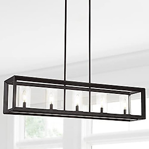 JONATHAN Y JYL7414A Anna 38.5" Linear 5-Light Metal/Glass LED Pendant Contemporary Transitional Traditional Dimmable Dining Room Living Room Kitchen Foyer Bedroom Hallway, Oil Rubbed Bronze/Clear