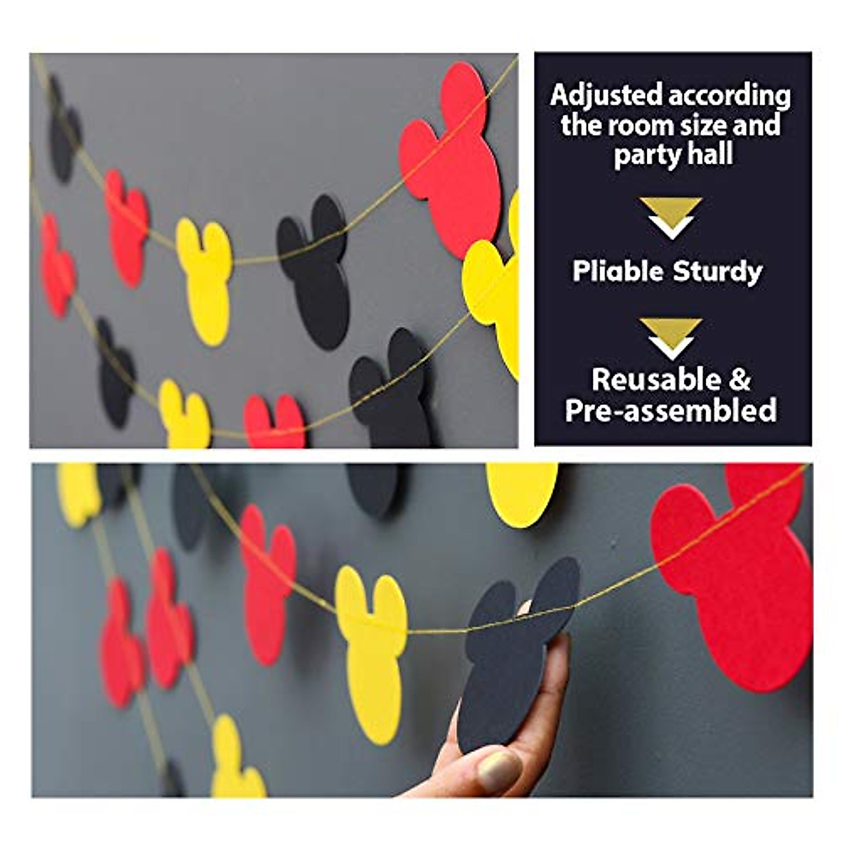 Mickey Mouse Garland | Baby Boy Birthday Decor | Tricolor Mickey Head Paper Garland | Cartoon Theme Party Supplies | Gender Reveal Parties Decors | Mickey Mouse Hanging Wall Decoration