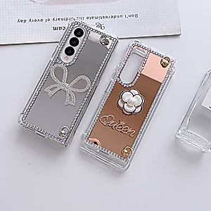 Omio for Samsung Galaxy Z Fold 3 5G Mirror Case with Crossbody Lanyard Luxury 3D Sparkle Crystal Diamond Bling Glitter Cute Slim Makeup Hard PC Phone Case for Galaxy Z Fold 3 Women Girls, Gold