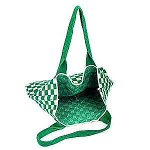 Stizimn Crochet Tote Bag for Women Shoulder Bag Handbags Knitting Hobo Bag Aesthetic Handmade Weaving Large Capacity (Checkerboard Pattern Green)