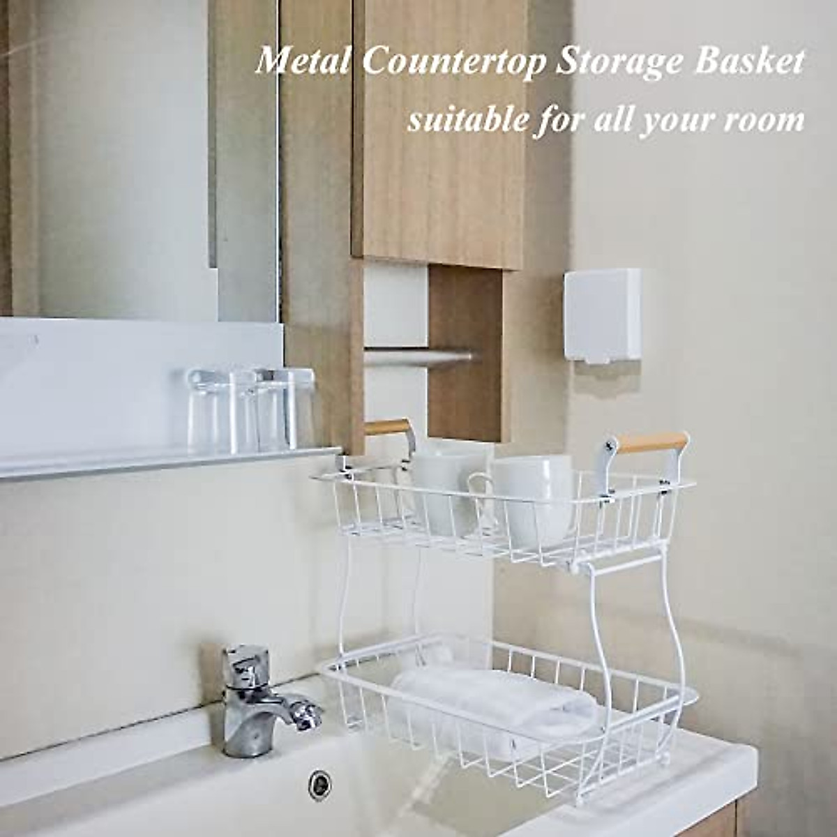 2 Tier Fruit Storage Basket for Kitchen Countertop,GTAGGEE Bread Baskets Fruit Bowl Holder Vegetable Stand Detachable Metal Rectangular Wire Basket, White