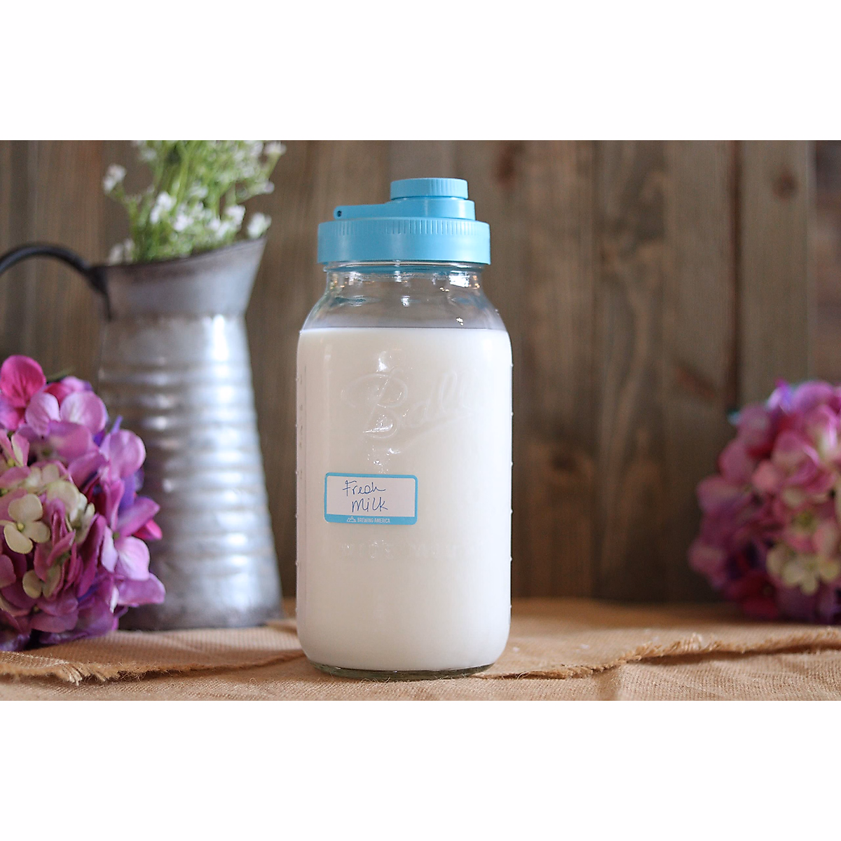 Brewing America Glass Mason Jar Pitcher with Lid Made in USA - Ball Jars, 2 Quart (64 oz) with Teal Wide Mouth Mason Jar Pour Lid, for Smoothie, Boba, Sun Tea Jar, Cold Coffee Glass Tumbler