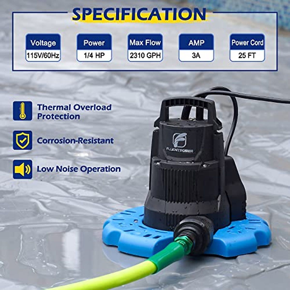 FLUENTPOWER Automatic Pool Cover Pump, 1/4 HP 2310GPH Submersible Water Removal Pump, with Check Valve Adapter, for Swimming Pool, Hot Tub, Boat Covers, Water Beds, Rooftop, Shallow Pit Water