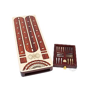 House of Cribbage - 4 Track Continuous Cribbage Board Inlaid in Bloodwood - Size: 13.5 Inches - Storage Drawer for Cribbage Pegs and Score Marking Fields for Skunks, Corners and Won Games