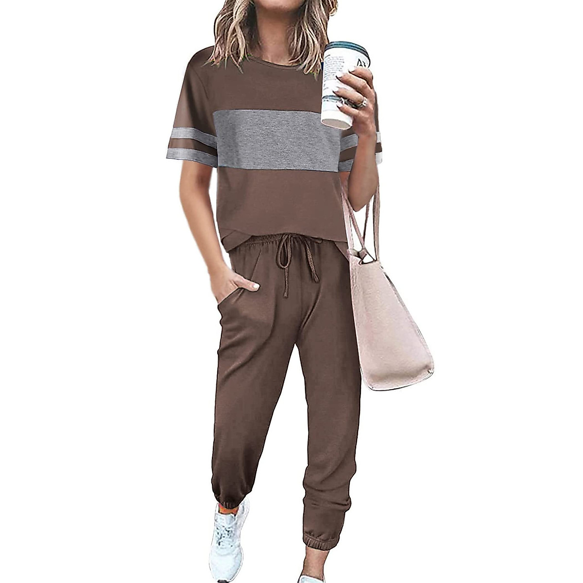 PRETTYGARDEN Women's Two Piece Lounge Sets 2025 Spring Summer Jogger Pants Vacation Outfits Travel Airplane Matching Clothes (Striped Dark Khaki,X-Large)