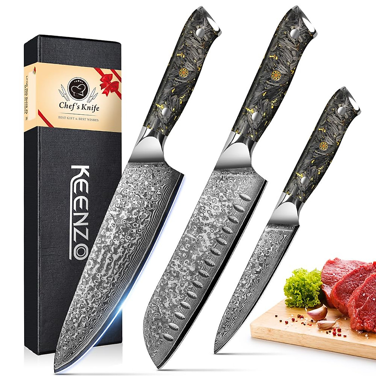KEENZO Damascus knife set,Professional kitchen knives set 5 pcs,Sharp chef knife set.Hand forged 67-layers high carbon stainless steel knives set for Cooking.Ergonomic Full-Tang handle with gift box