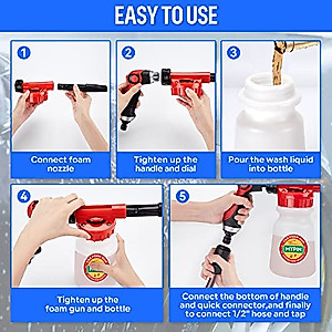 Car Wash Foam Gun, 16 IN 1 Foam Cannon, Adjustable Hose Wash Sprayer with 2.5-6 Ratio Dial Foam Blaster, 1L Bottle, Nozzles, Wash Mitten, 1/2” Quick Connector for Garden Hose, for Car/Garden Cleaning