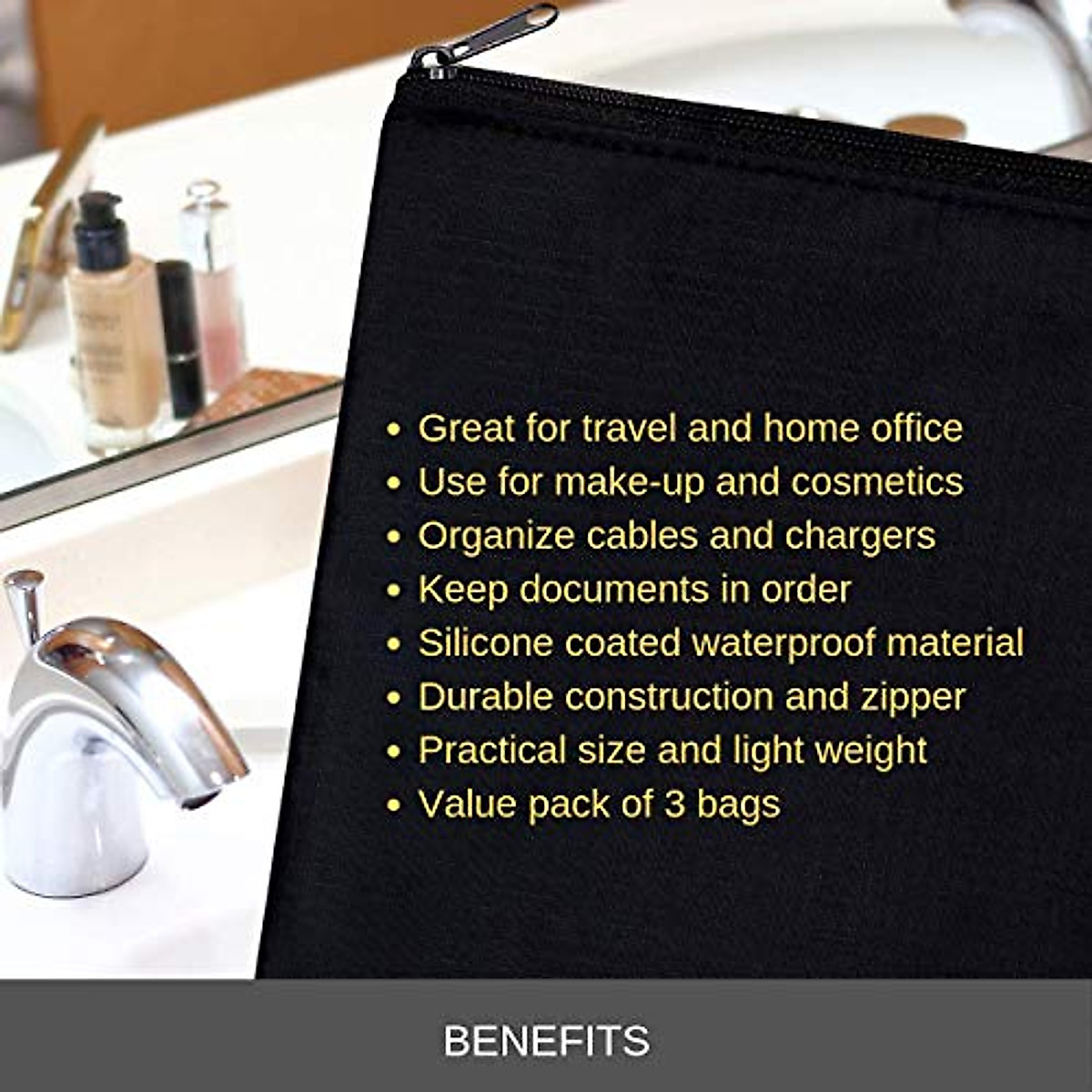 Sun Life Style Zipper Bag - Set Of 3 - Carry All Pouch To Organize Travel Toiletries Pens Cosmetics (9.5 x 6.5, Black)