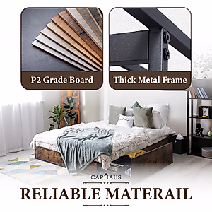 CAPHAUS Industrial Metal Storage Bed Frame with 4 Drawers, Mattress Foundation with Metal Slat Support, Space Saving Platform Bed Frame, Noise-Free, No Box Spring Needed, Queen Size, Rustic Oak Board